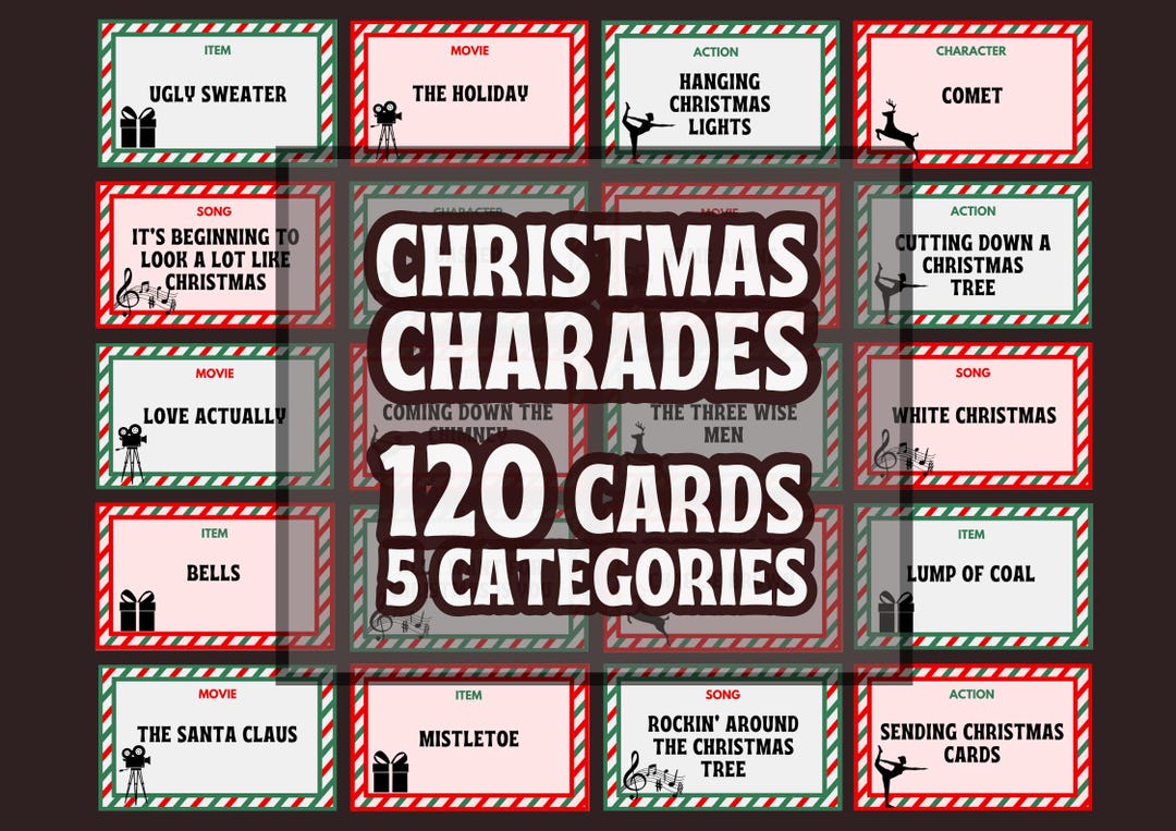 Christmas Charades Cards Act It, Xmas Family Game Song, Printable Party ...