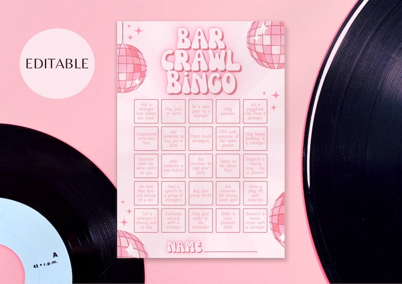 Disco Bar Crawl Bingo, Birthday Cowgirl Scavenger Hunt, 70s ...