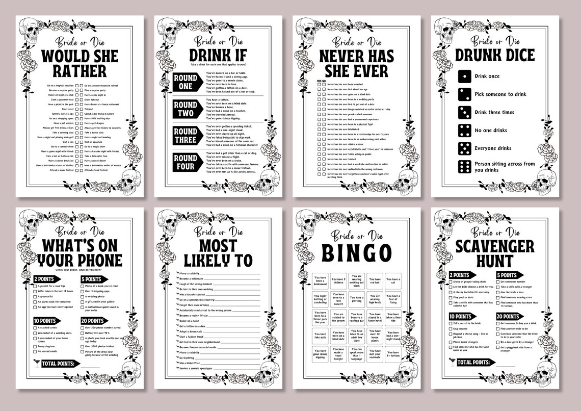 Bachelorette Games Bride or Die, Goth Wedding Editable, Gothic Hen ...