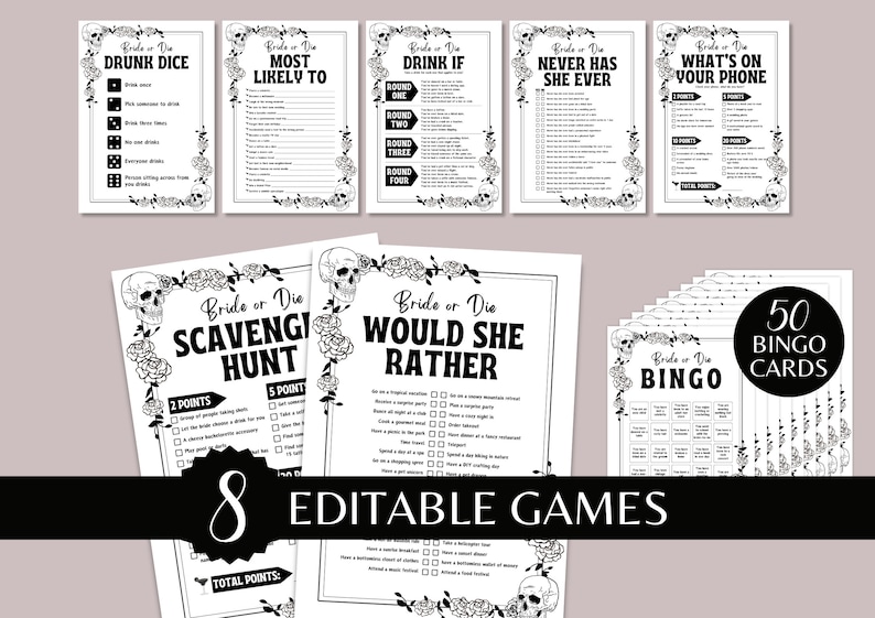 Bachelorette Games Bride or Die, Goth Wedding Editable, Gothic Hen ...