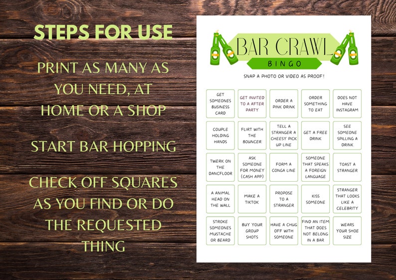 Bar Crawl Bingo, Birthday Bar Crawl Printable, Ladies Night Scavenger ...