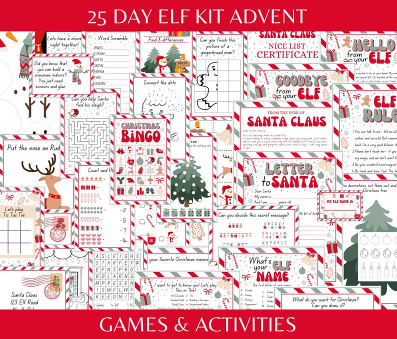 Printable Elf Kit Christmas Games and Activities, Elf Arrival Advent ...