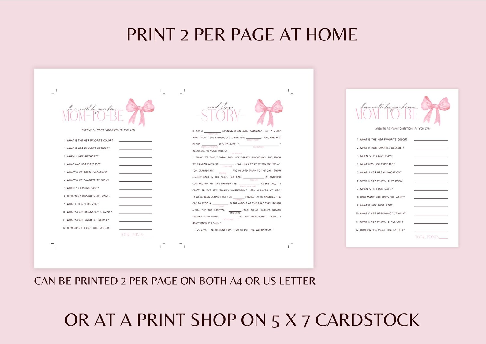 Bow Baby Shower Games Bundle, Blush Pink Ribbon Sprinkle Printable ...