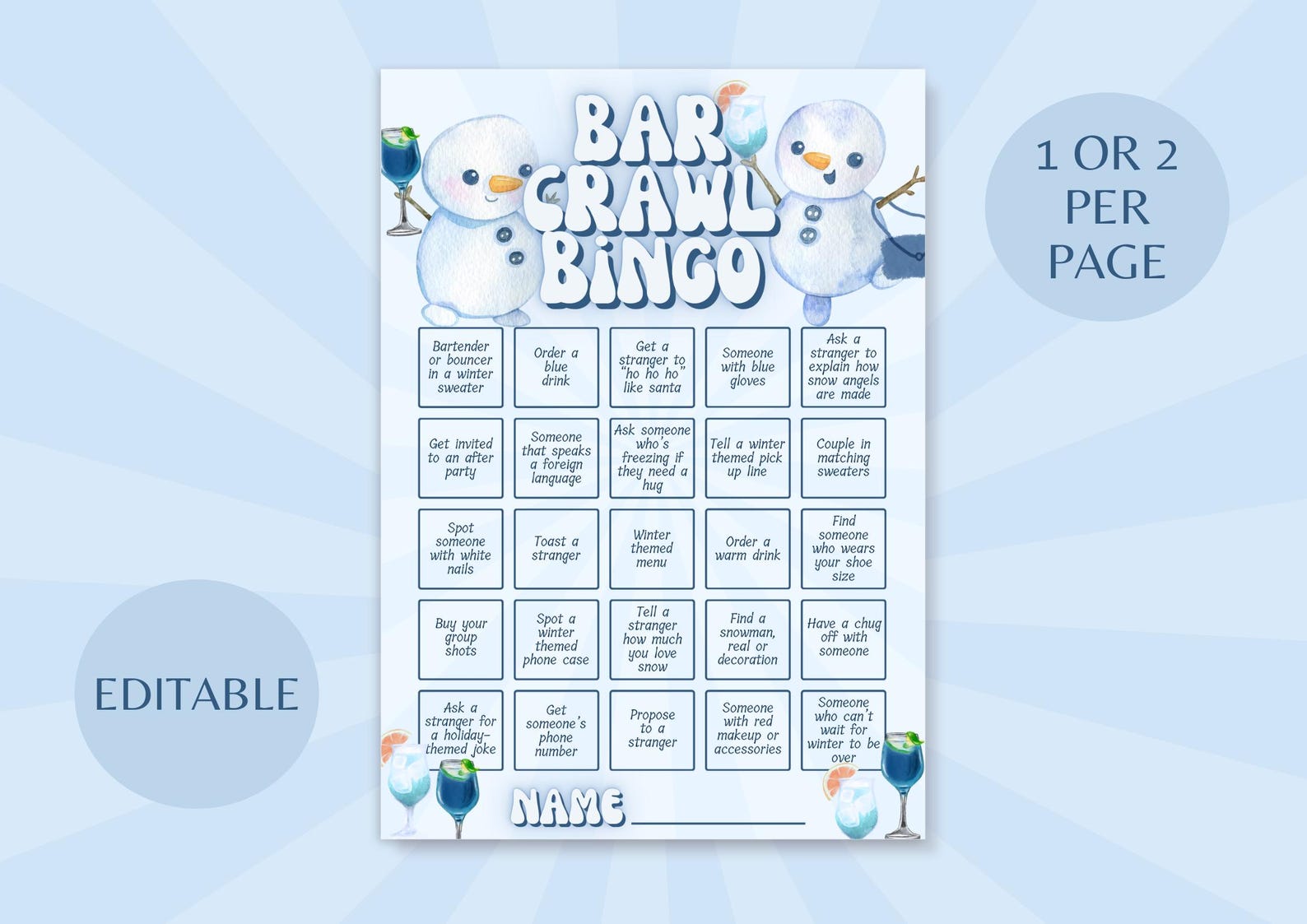 Winter Bar Crawl Bingo, Apres Ski Winter Bachelorette Drinking Games ...