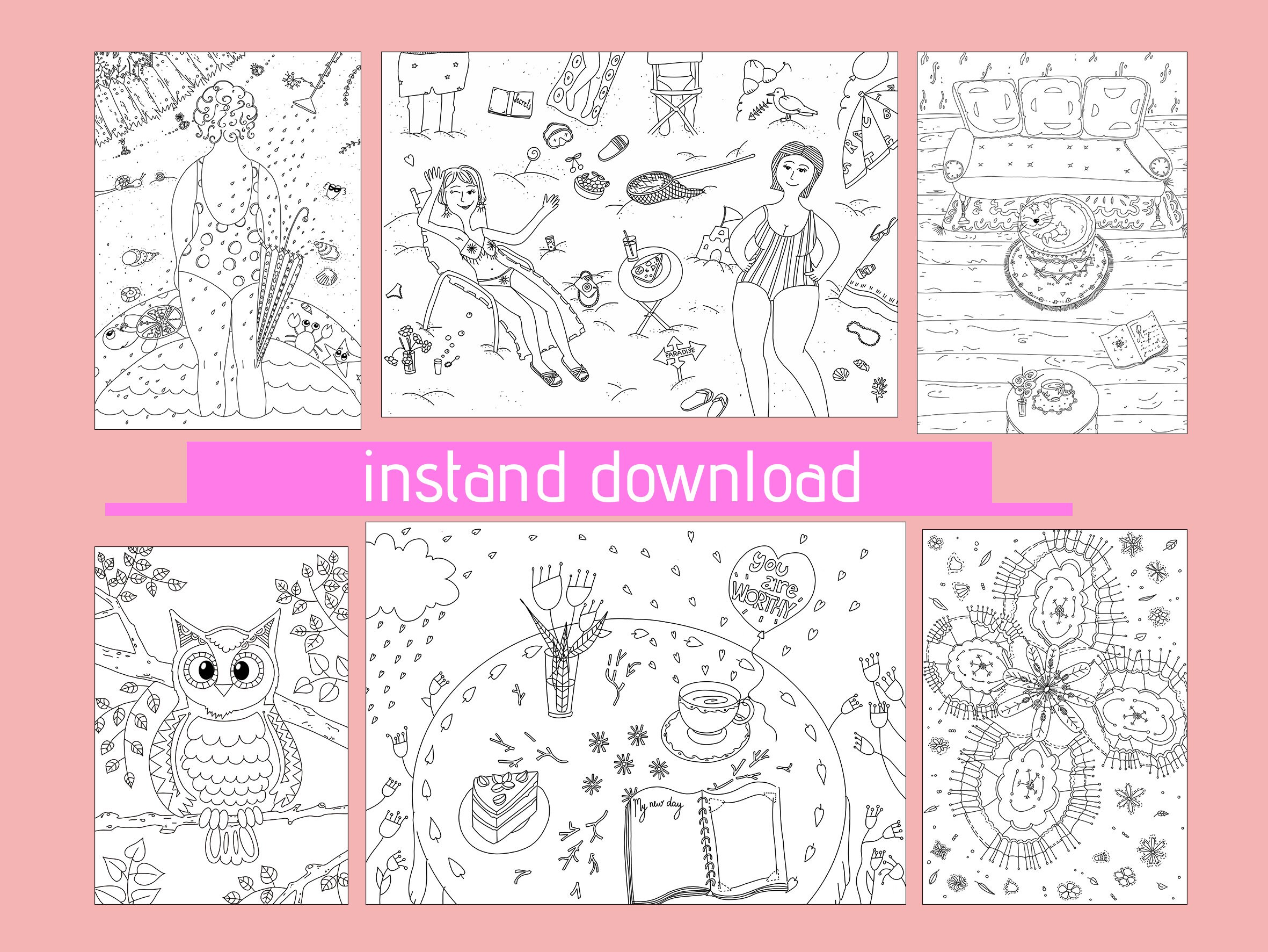 10 Whimsical Coloring Pages, 10 Pages Bundle Printable Coloring Sheets ...