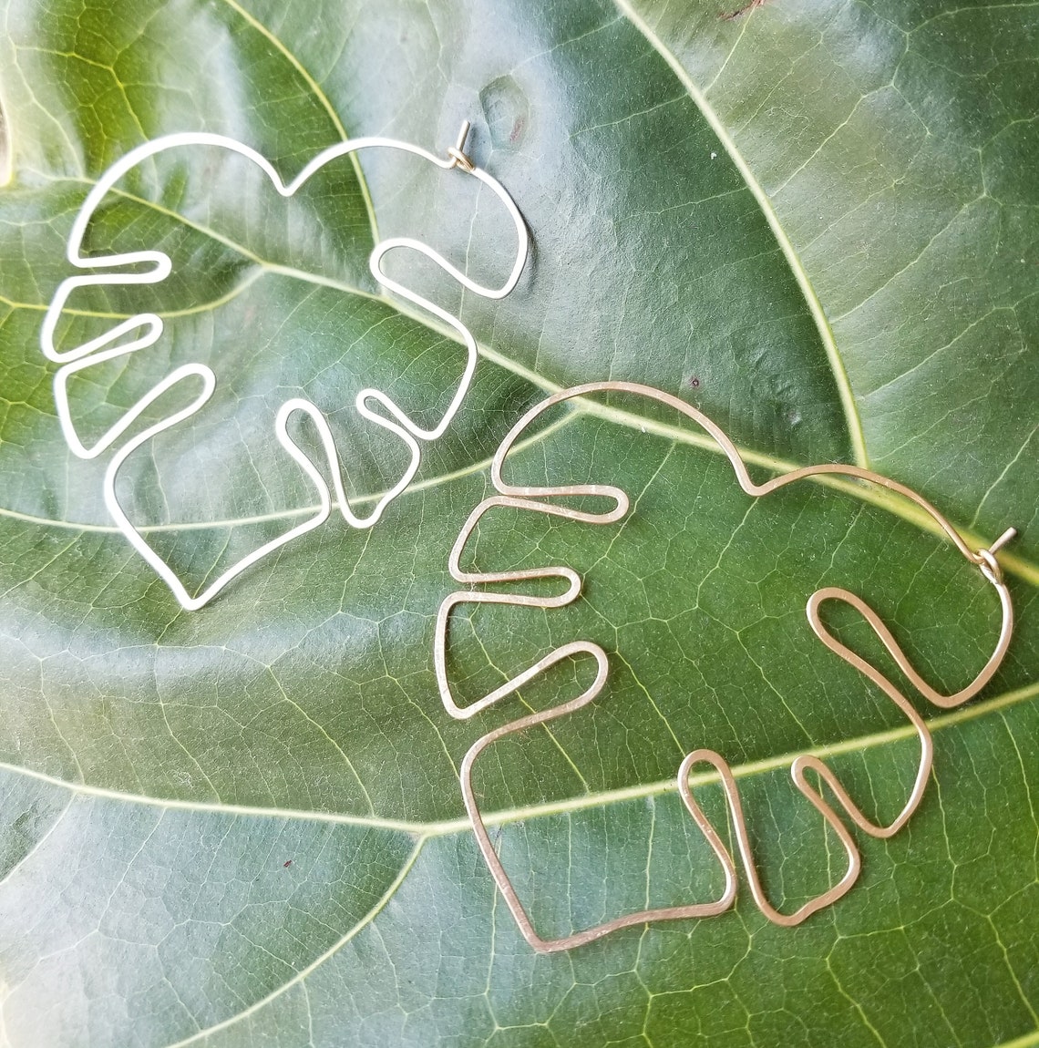 Monstera Hoops palm leaves gold filled sterling silver rose | Etsy