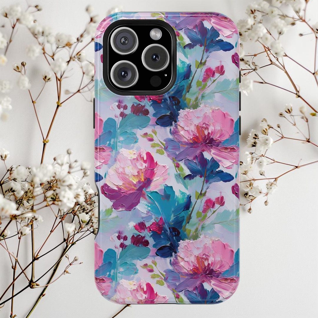 Floral Palette Knife iPhone Case, Pink and Blue Flowers Tough Phone ...