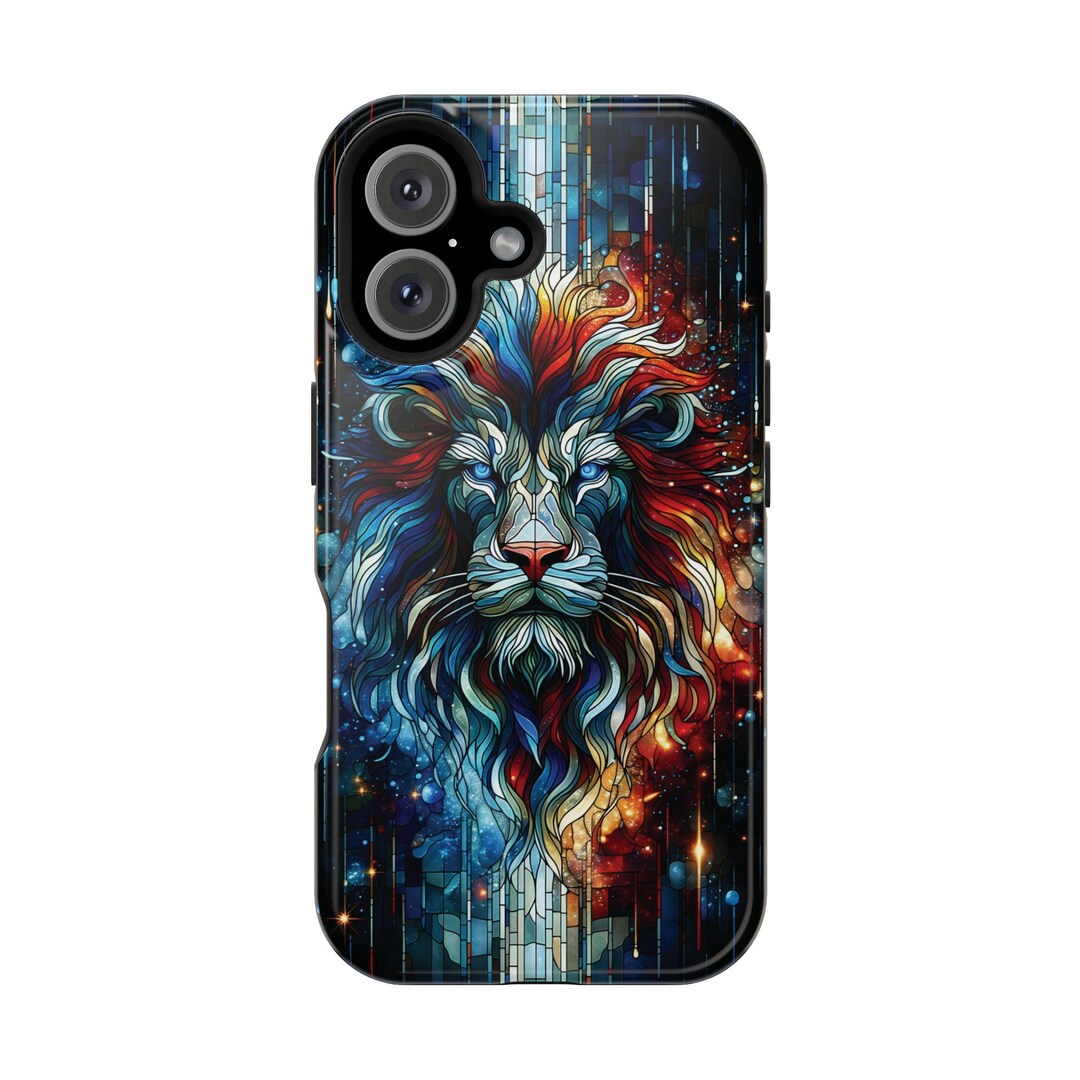Magnetic Tough Cases, Stained Glass Lion Phone Case, Blue and Red Lion ...