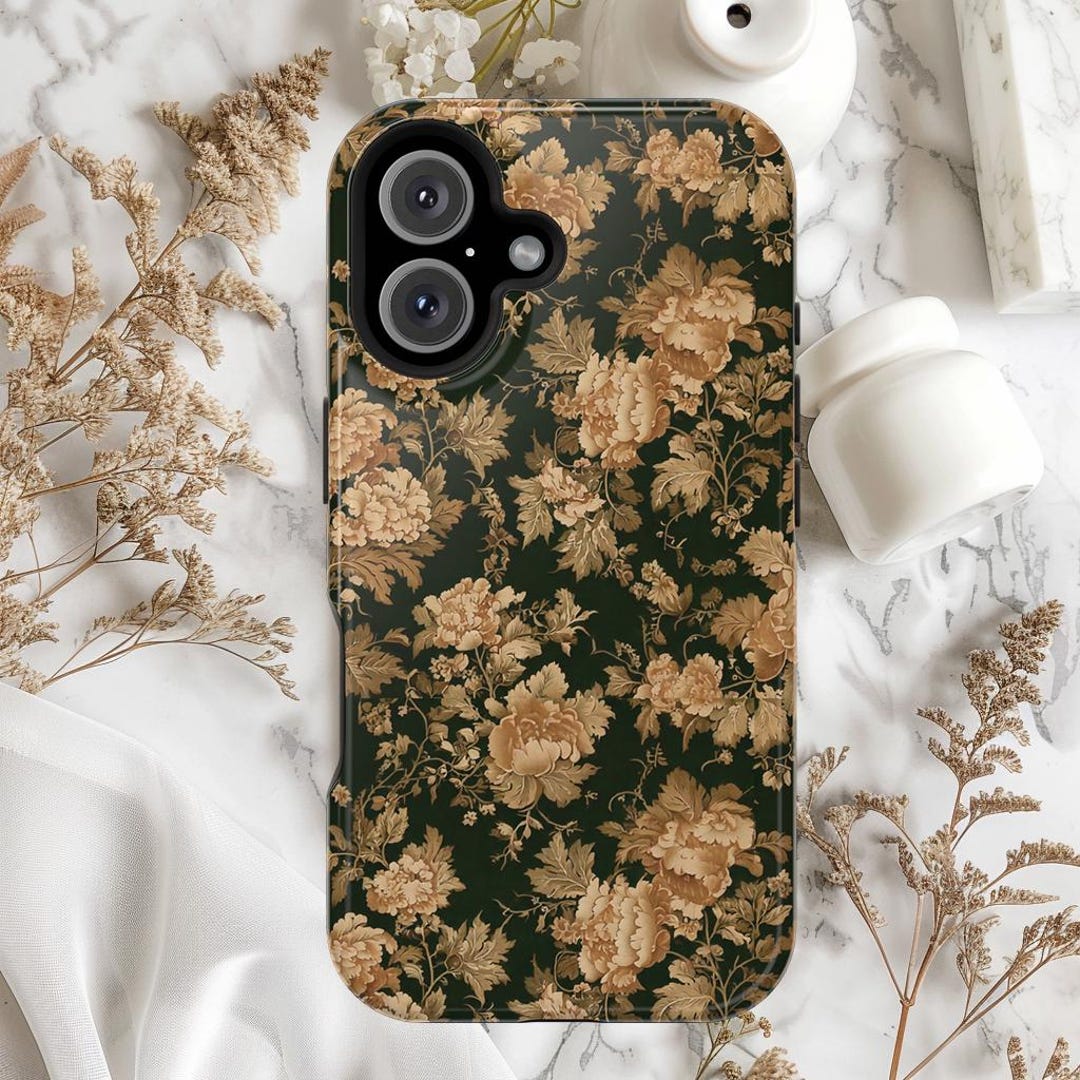Phone Cases, Beige Flowers Toile De Jouy Design, Green Floral Tough ...