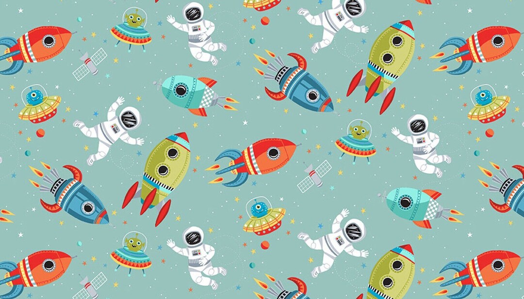 1/2 Metre Outer Space Scenic Teal by Makower 100% Cotton Fabric ...