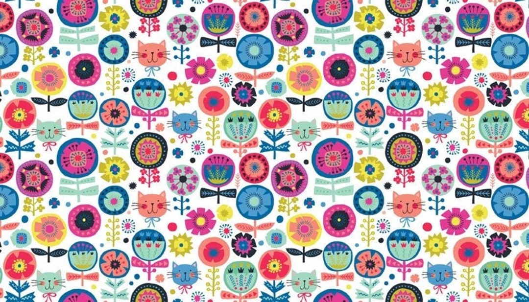 1/2 Metre Kitty Cats Kitty Floral by Makower 100% Cotton Quilting ...