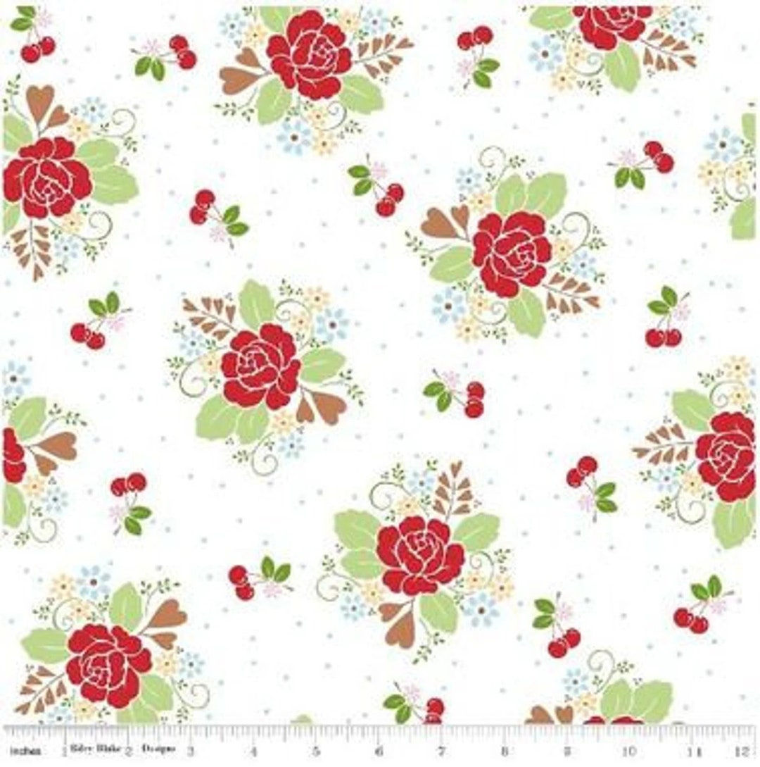 1/2 Metre Sew Cherry 2 White Floral by Lori Holt for Riley Blake 100% ...