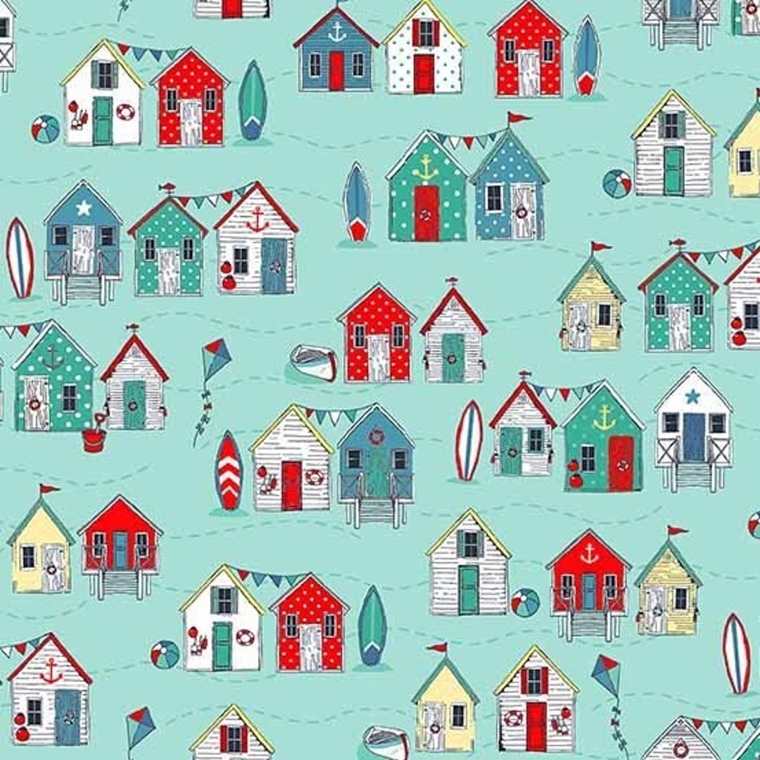 1/2 Metre Sea Breeze Beach Huts Holiday Fabric by Makower 100% Cotton ...