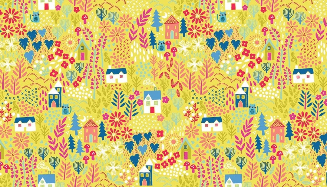1/2 Metre Kitty, Kitty Garden Cats Yellow by Makower 100% Cotton ...