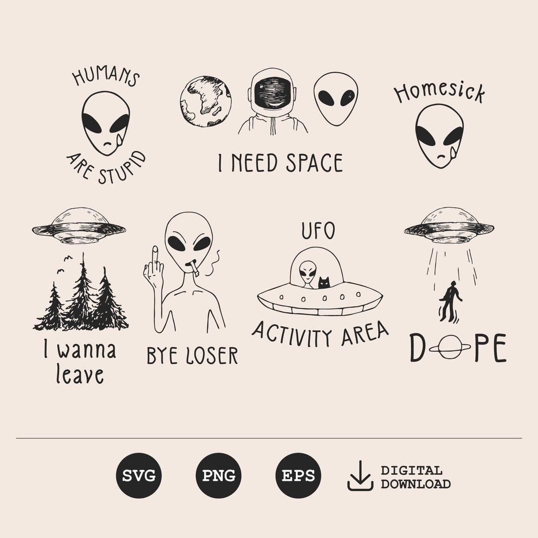 Hand Drawn Sketches Alien Doodles SVG | Hand-drawn Weird UFO, Spaceship ...