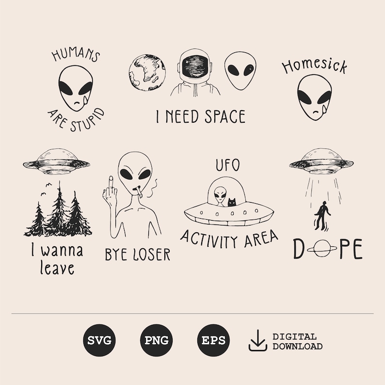 Hand Drawn Sketches Alien Doodles SVG | Hand-drawn Weird UFO, Spaceship ...