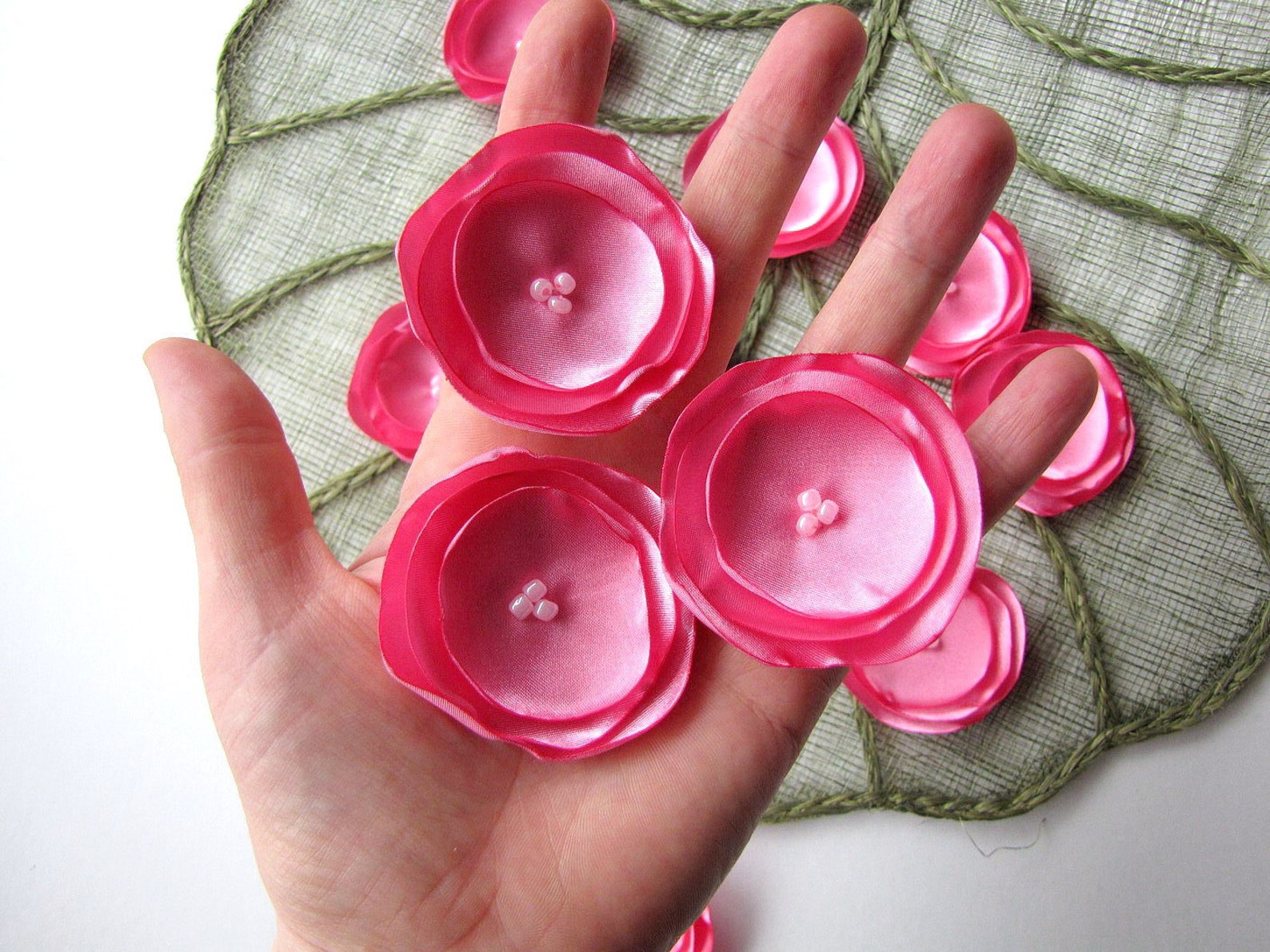 Flower Appliques, Small Fabric Flowers, Sew on Satin Flowers, Pink ...