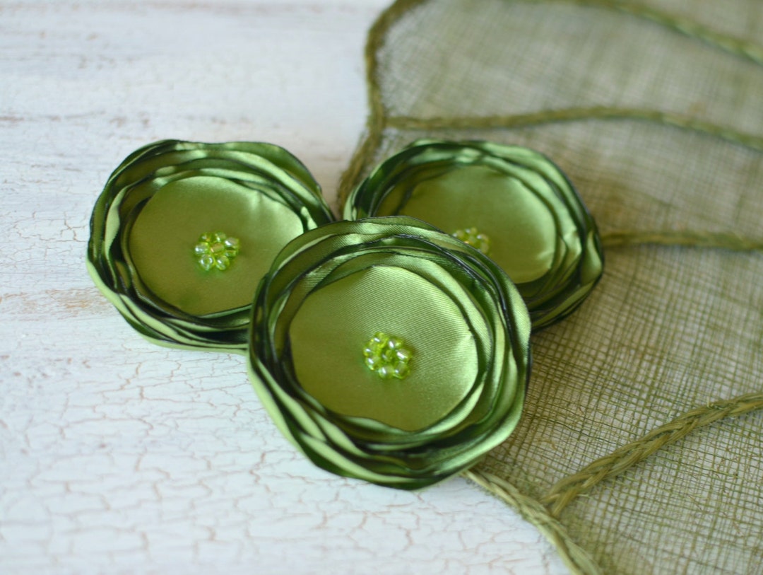 Green Flower Appliques, Large Satin Flowers, Floral Embellishments ...