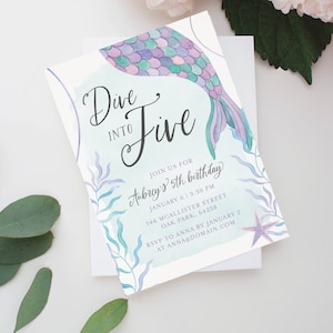 Dive Into Five Mermaid Themed 5th Birthday Party Invitations: Printable ...