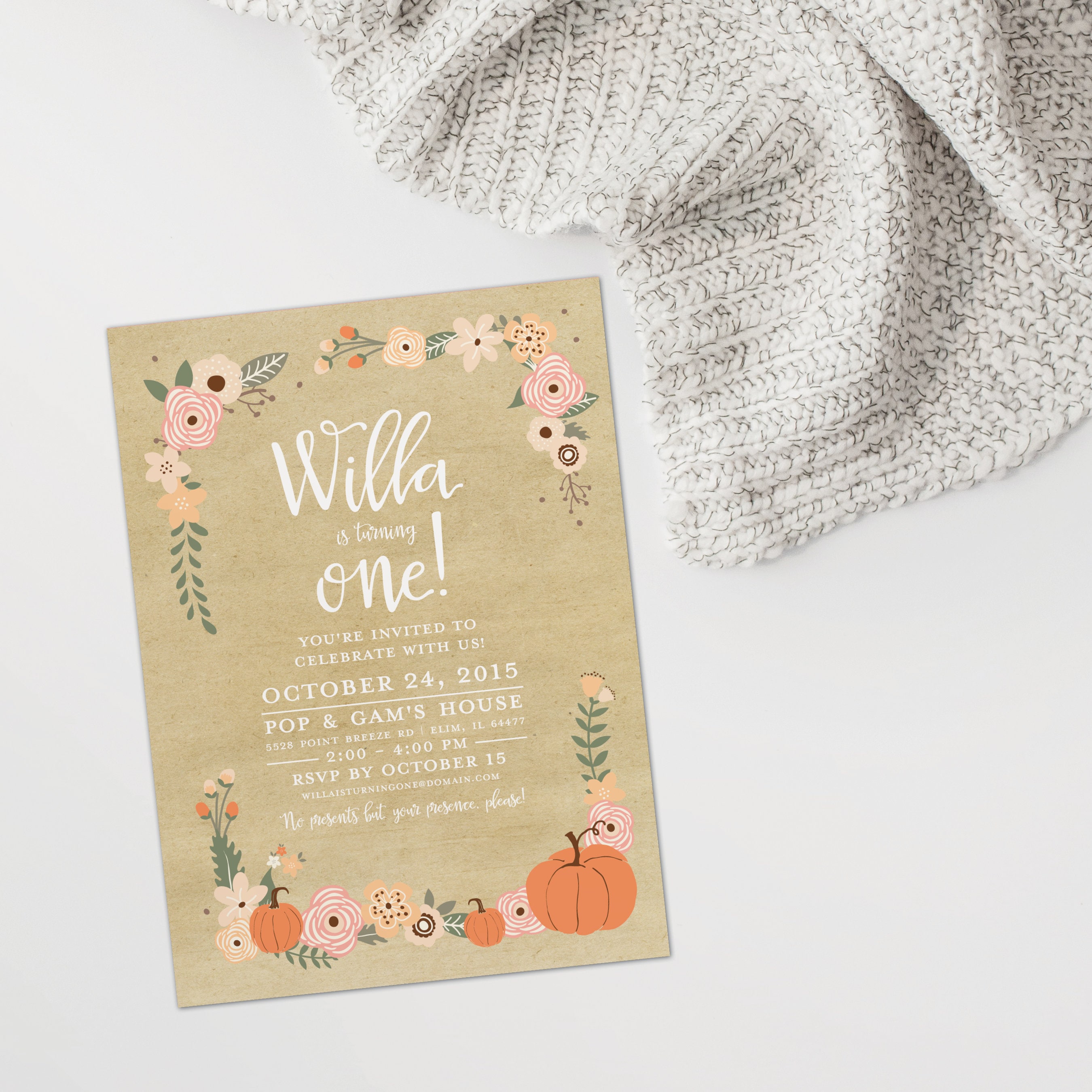 October Birthday Party Invitation, Pumpkin Birthday, Peach and Coral ...