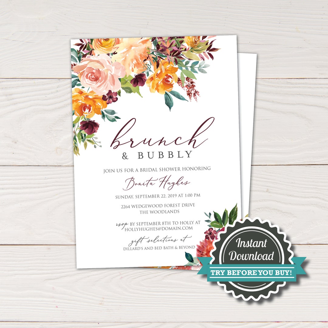 Fall Brunch Bridal Shower Invitation Template - Brunch and Bubbly Fall ...