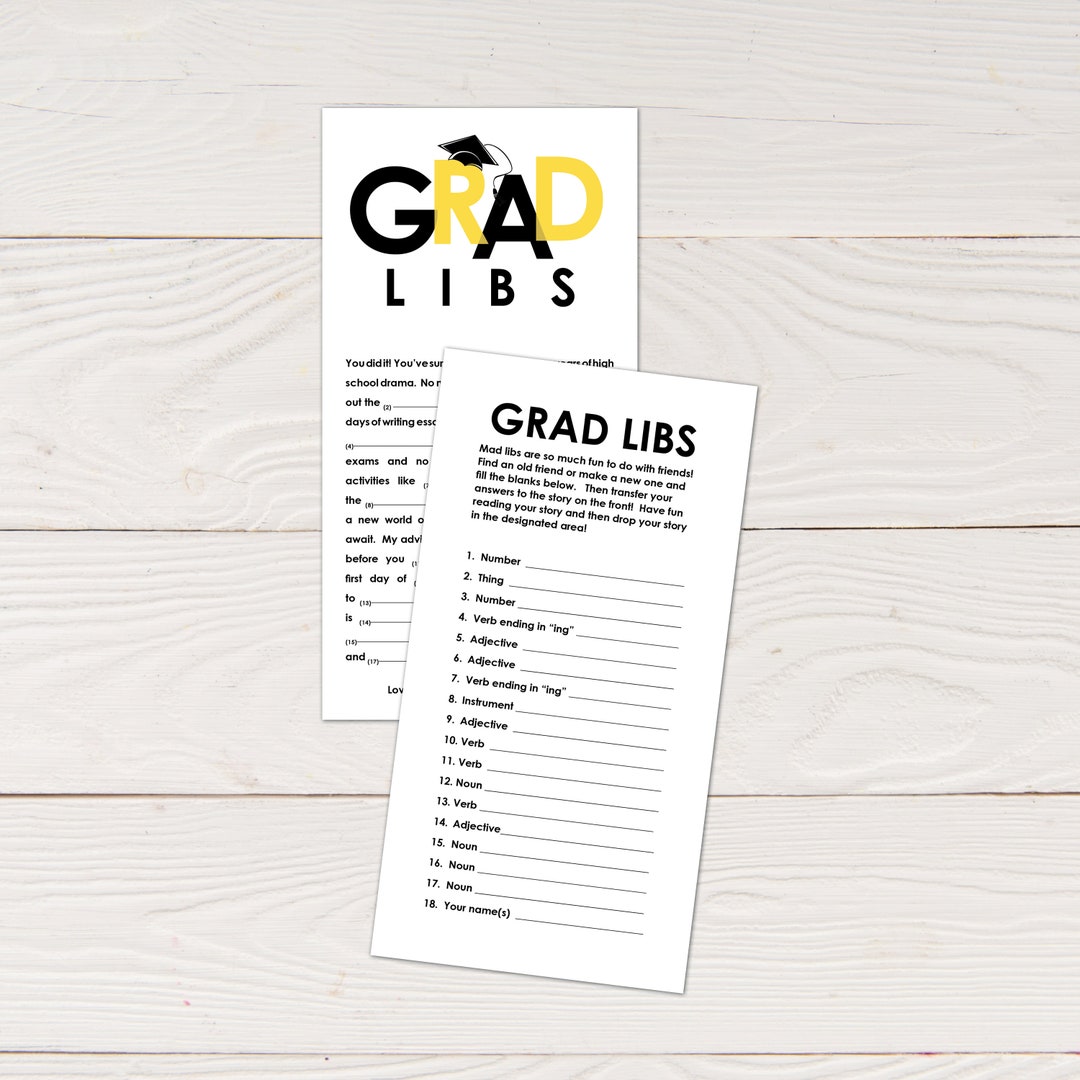 Grad Libs - Graduation Mad Lib Advice Cards in Black and Yellow ...