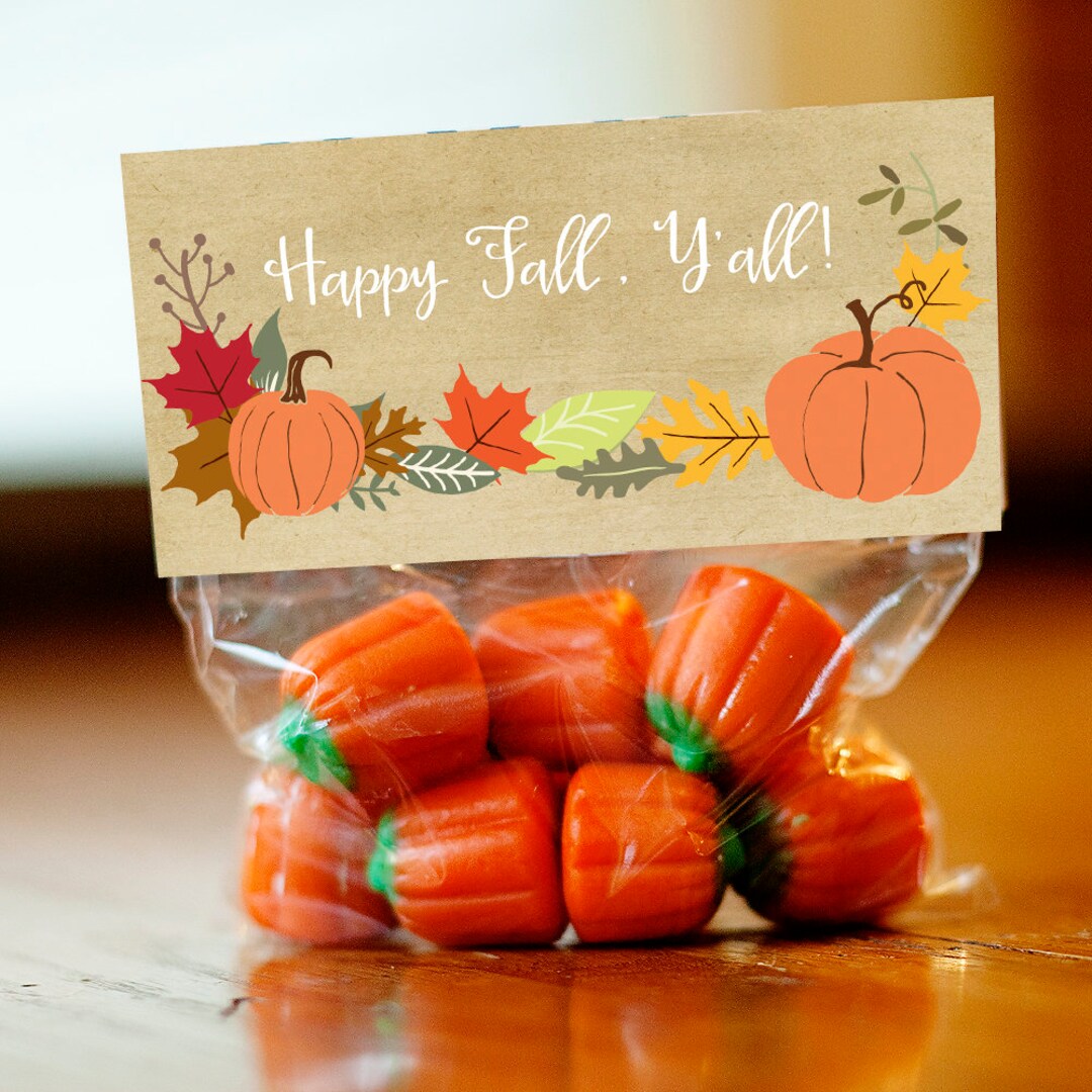 Printable Pumpkin Treat Bag Toppers With Fall Leaves, Editable Text for ...