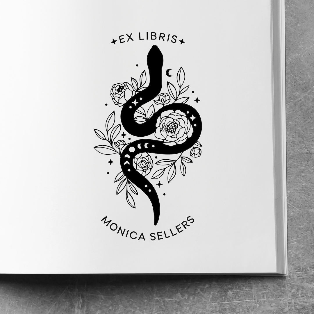 Snake & Floral Bookplate Stamp Ex Libris Personalized Rubber Stamp for ...