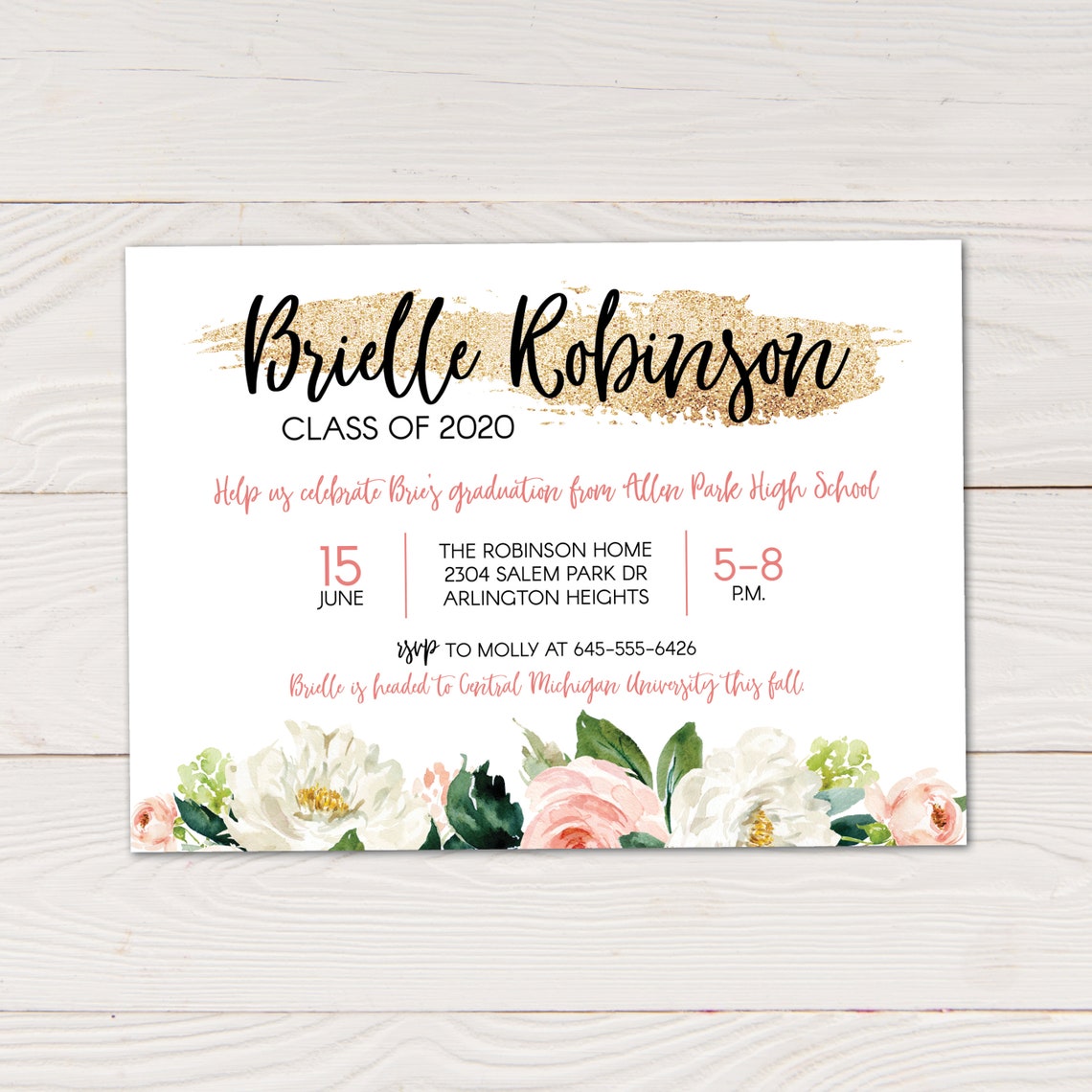 Graduation party invitation class of 2020 floral and glitter | Etsy