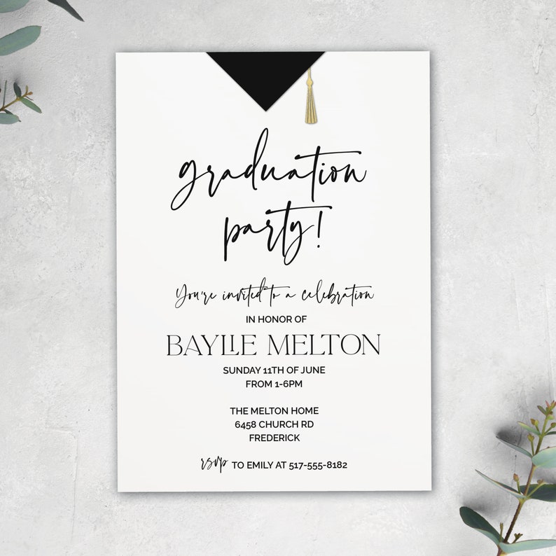 Graduation Party Invitation With Graduation Cap and Tassel, Simple ...