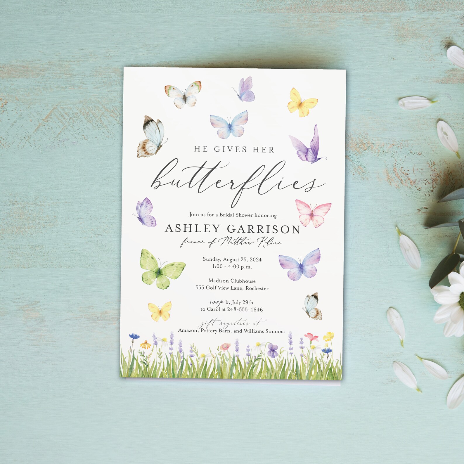 Custom Summer Bridal Shower Invitation With Butterflies - 'he Gives Her ...