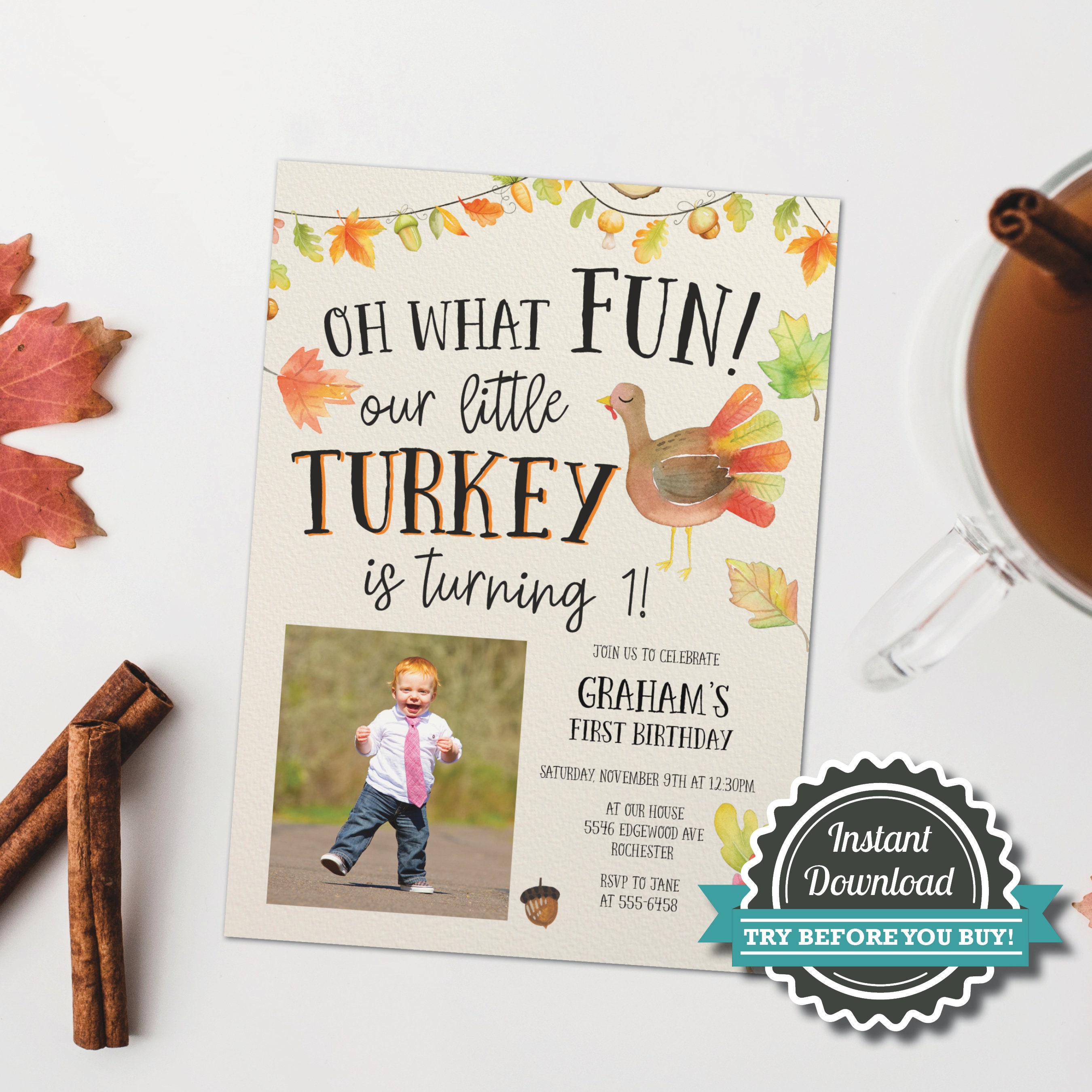 Turkey Birthday Party Invitation, Thanksgiving Birthday Party Invite ...