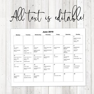 Printable Calendar With Editable Text, Editable Monthly Schedule ...