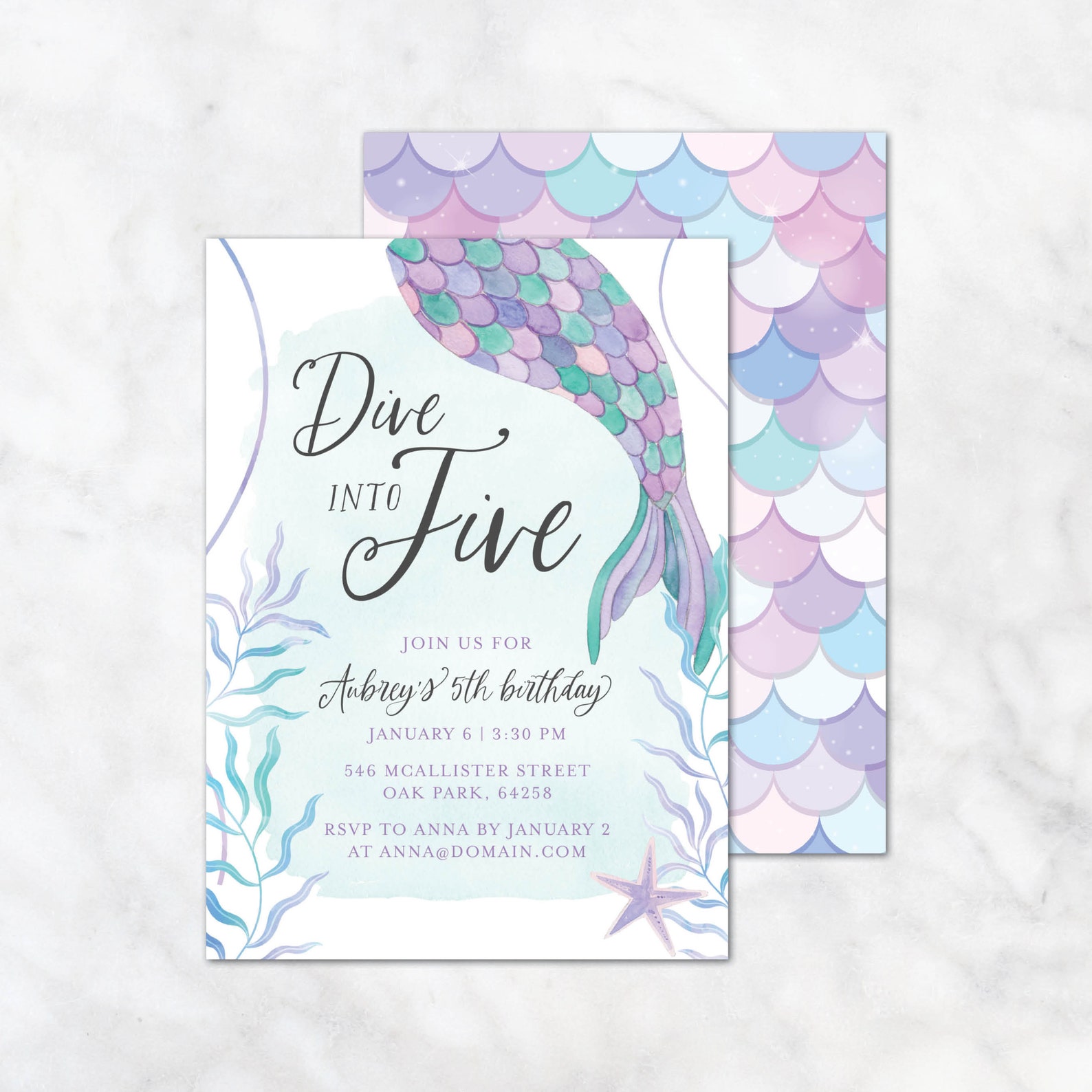 Dive Into Five Mermaid Themed 5th Birthday Party Invitations: Printable ...