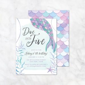 Dive Into Five Mermaid Themed 5th Birthday Party Invitations: Printable ...