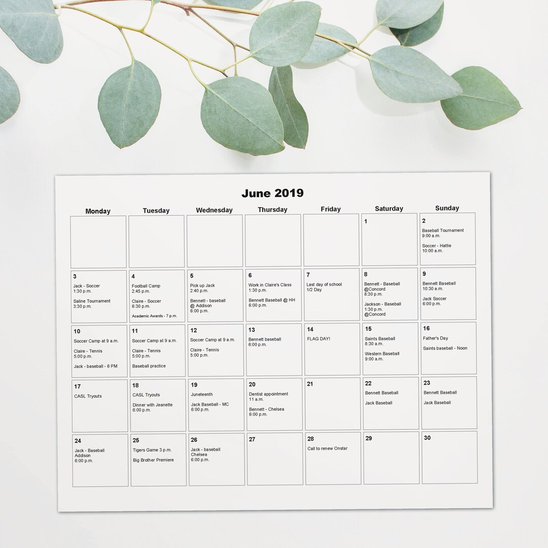 Printable Calendar With Editable Text, Editable Monthly Schedule ...