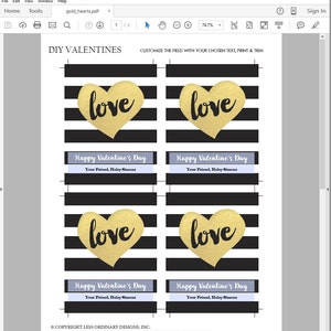 Gold Heart Printable Valentine's Day Card Modern Black Stripes ...