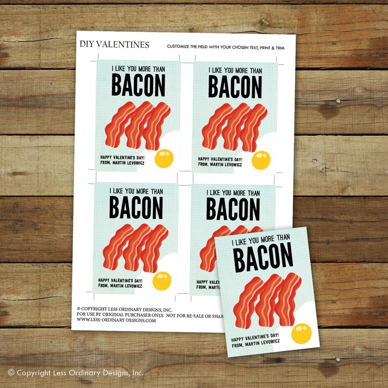 I Like You More Than Bacon Printable Valentine Download - Etsy