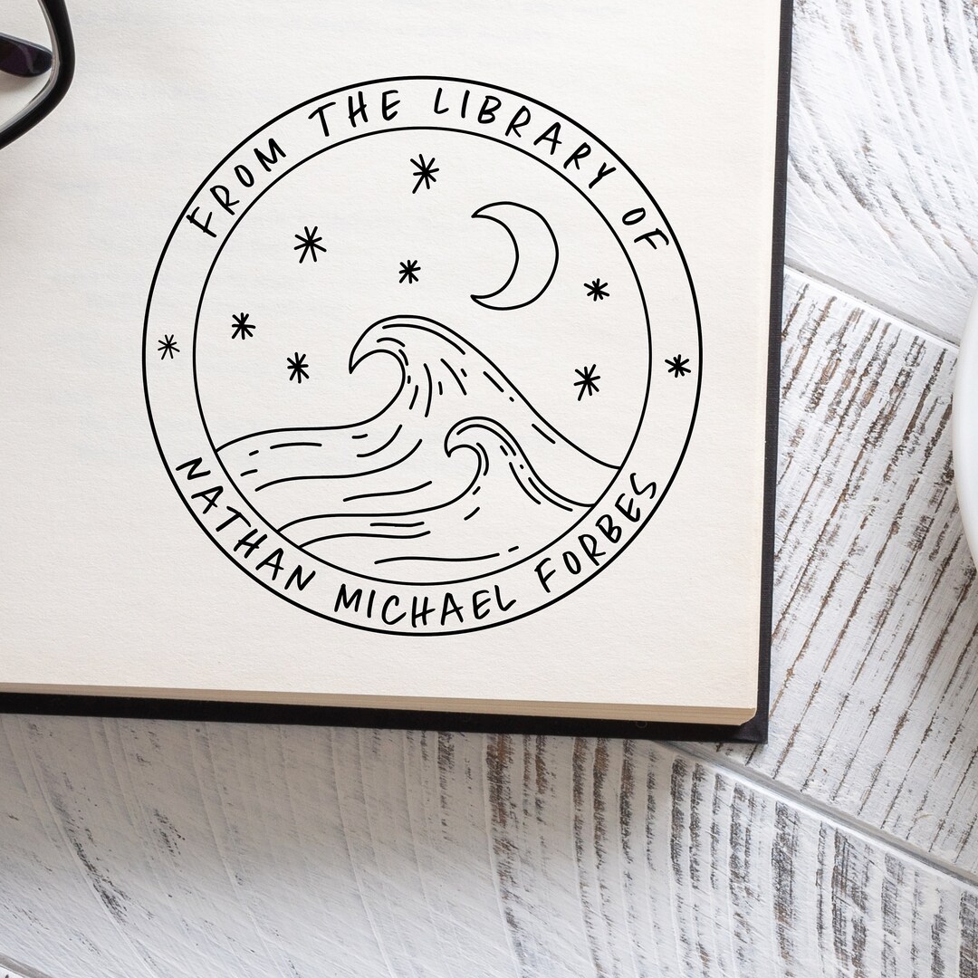 Custom Ocean Waves and Moon Book Stamp - Self-inking or Wood Handle ...