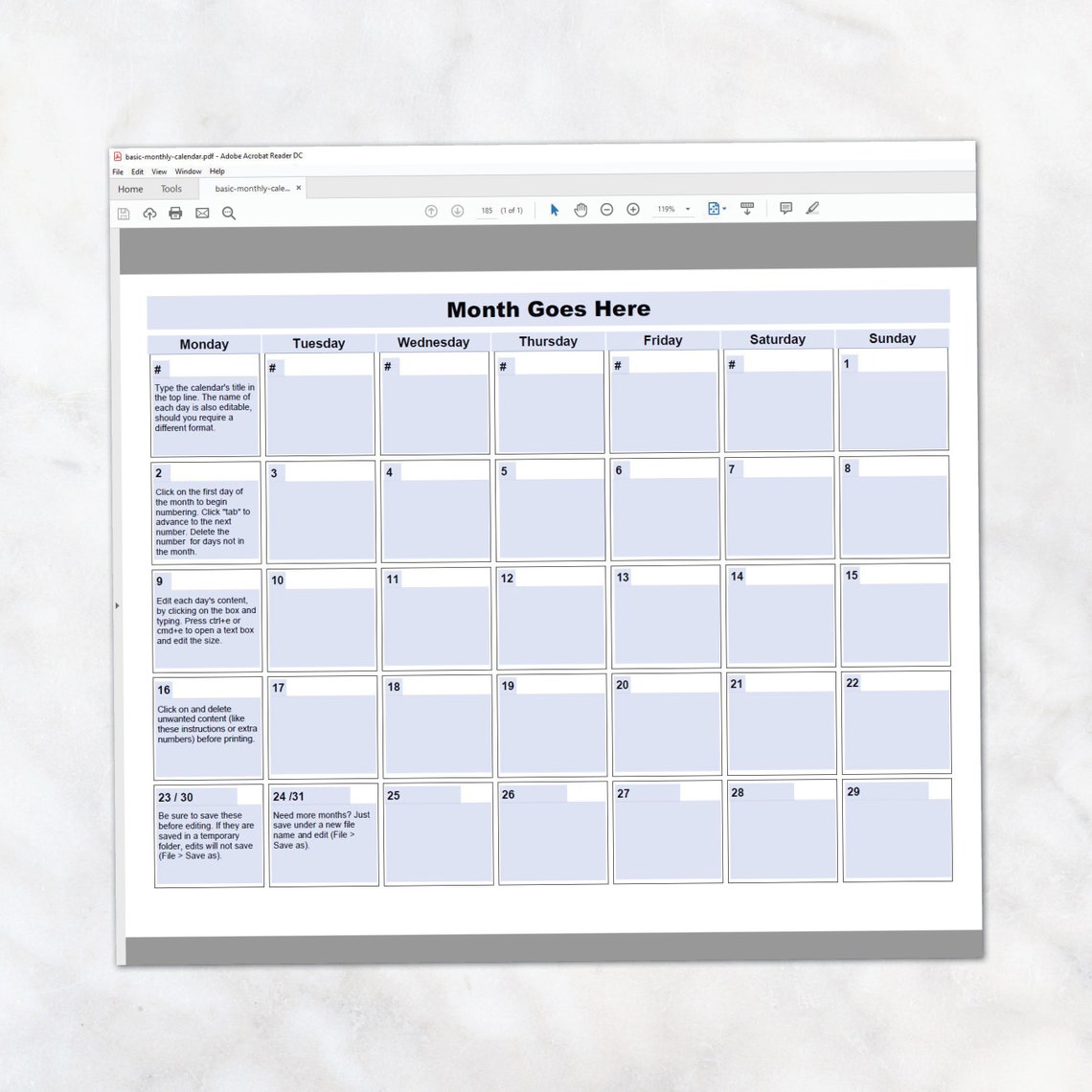 Printable Calendar With Editable Text Editable Monthly - Etsy