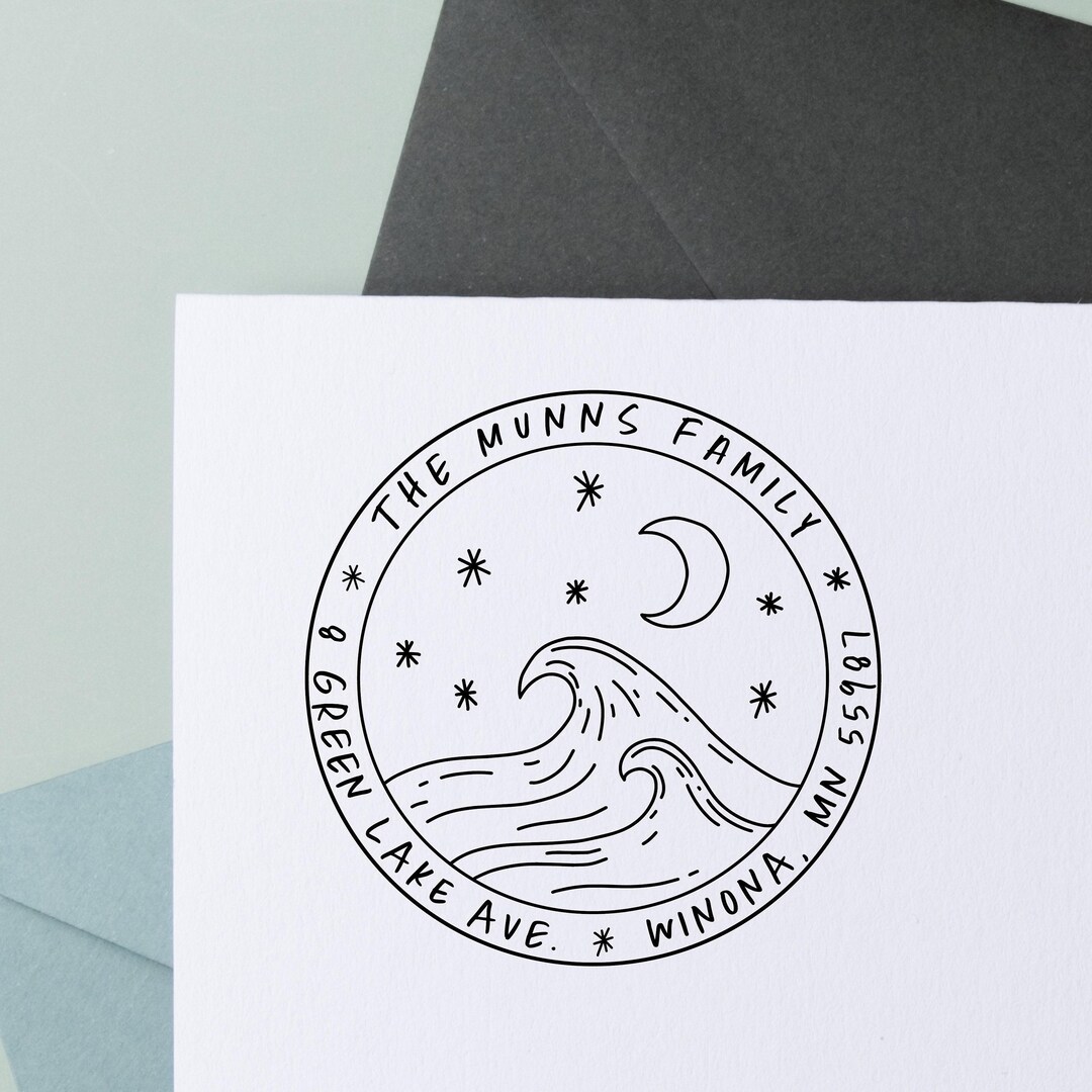 Custom Address Stamp - Moon & Wave Design - Perfect Gift for Beach ...