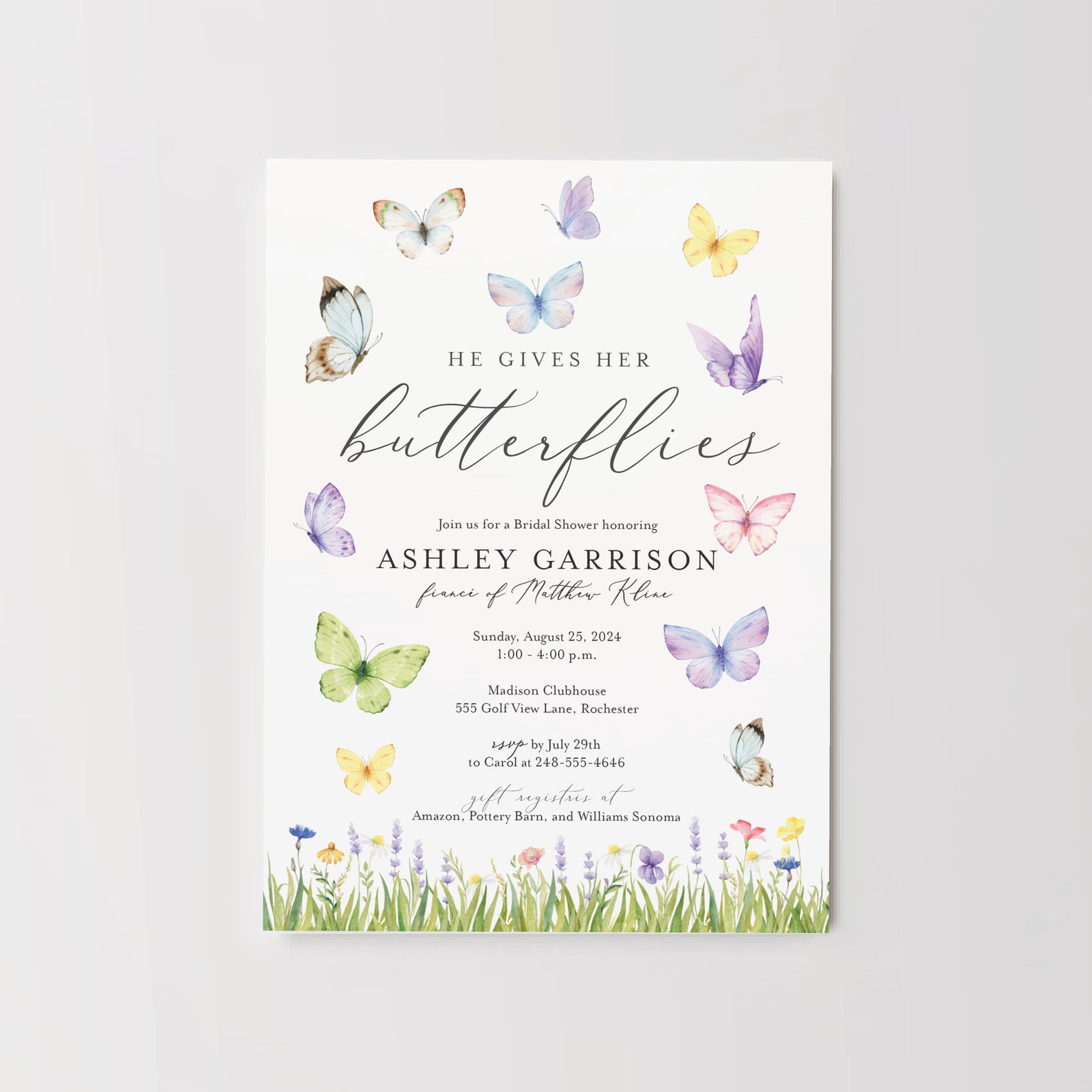 Custom Summer Bridal Shower Invitation With Butterflies - 'he Gives Her ...