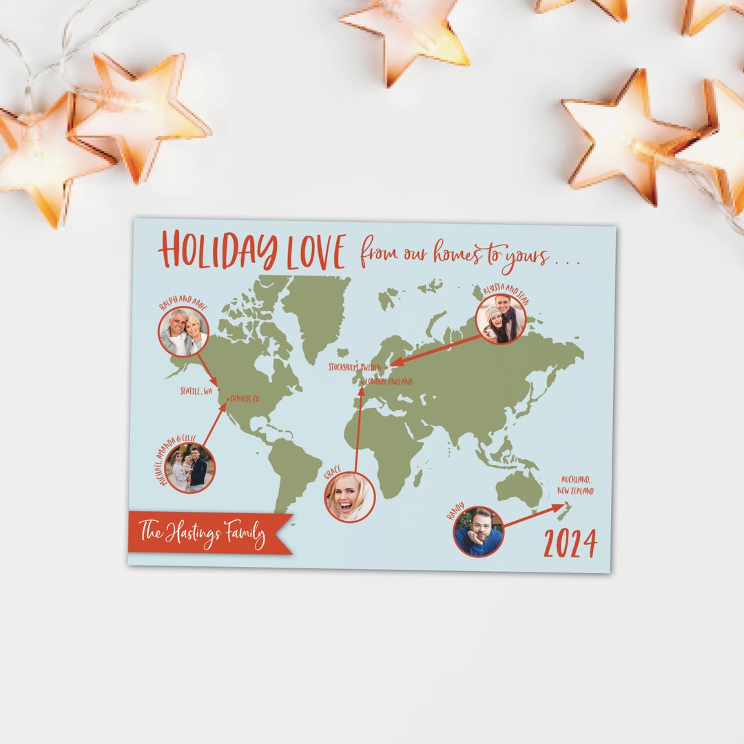 Family Map Christmas Card, World Map Holiday Card Showing Family ...