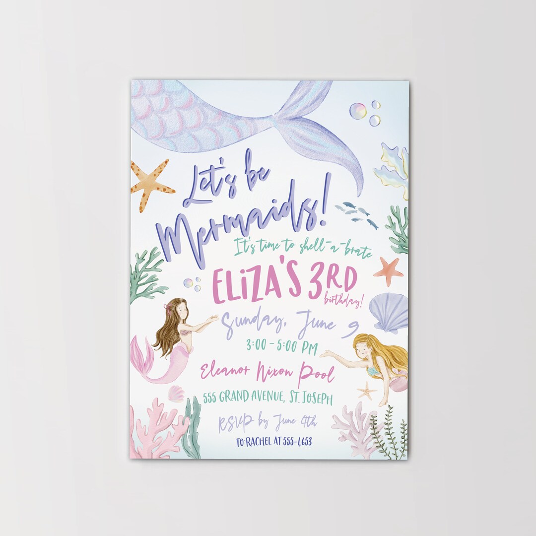 Let's Be Mermaids Birthday Party Invitation - Custom Printable or ...