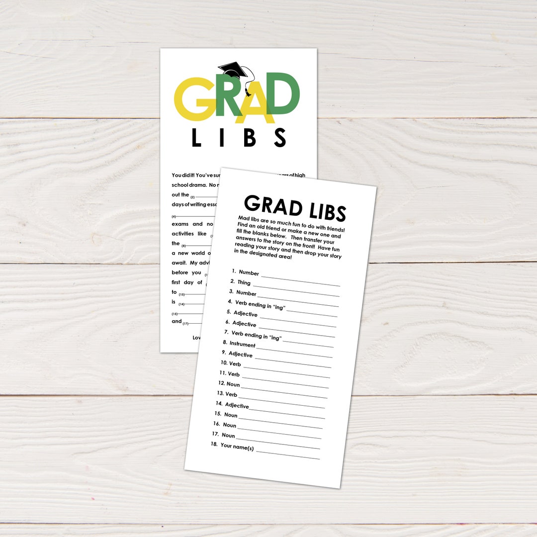 Grad Libs - Graduation Mad Lib Advice Cards in Green and Gold ...