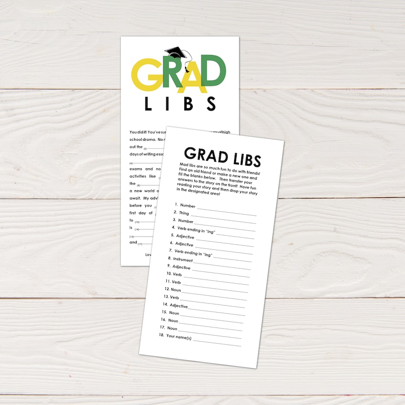 Grad Libs - Graduation Mad Lib Advice Cards in Green and Gold ...