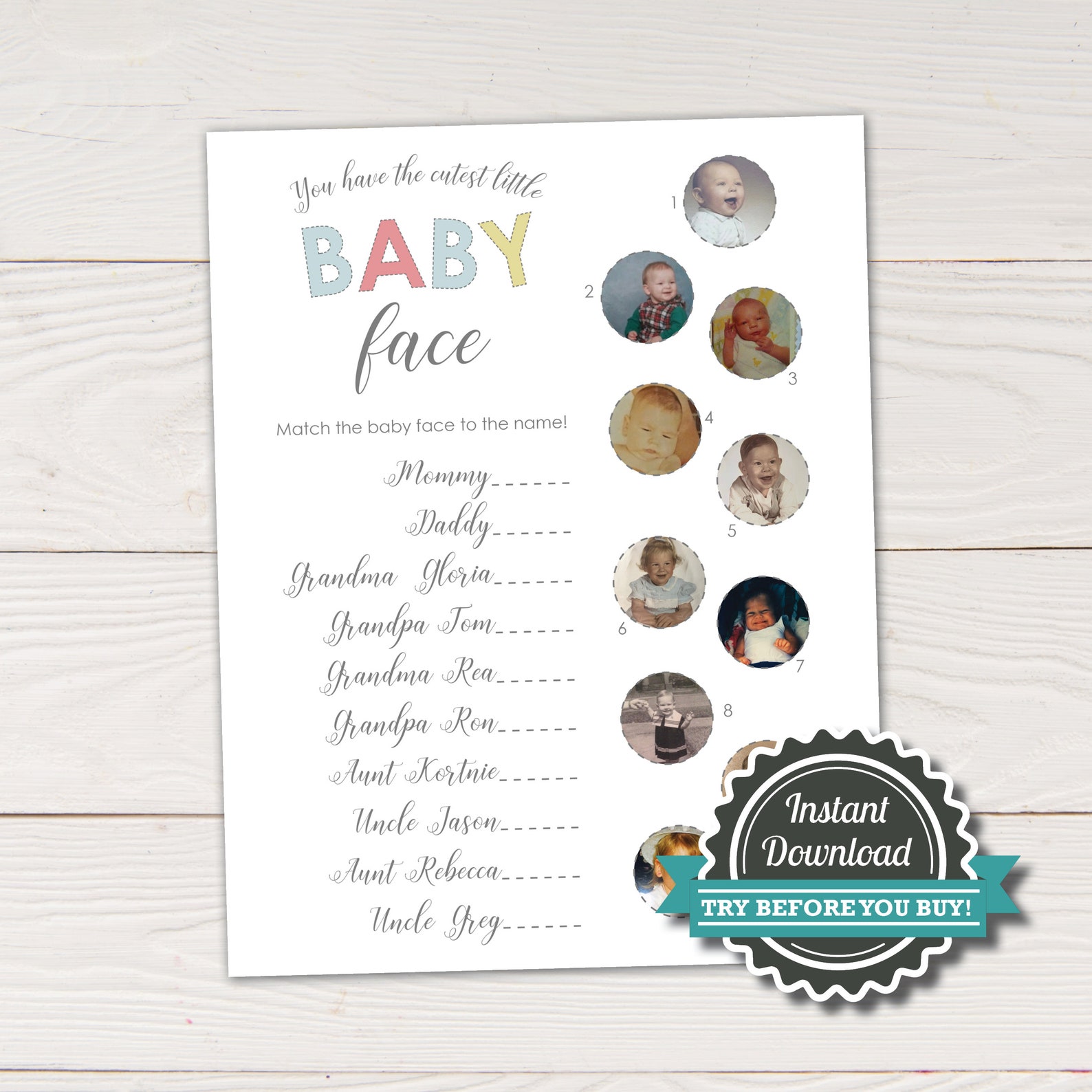Baby Face Baby Shower Game Family Baby Photos Guessing Game | Etsy