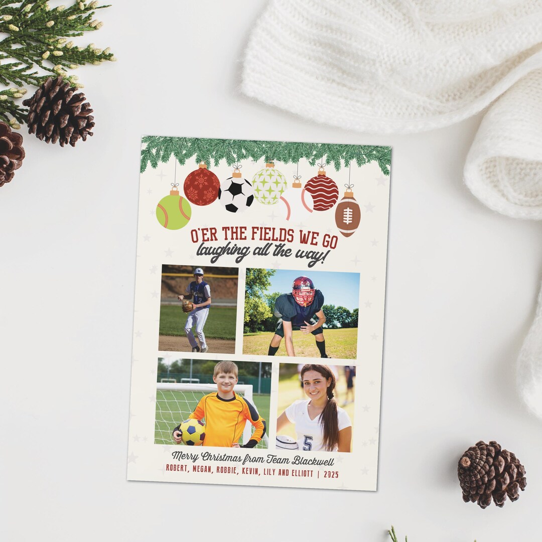 Sports Christmas Card, Athletic Family Holiday Baseball, Football ...