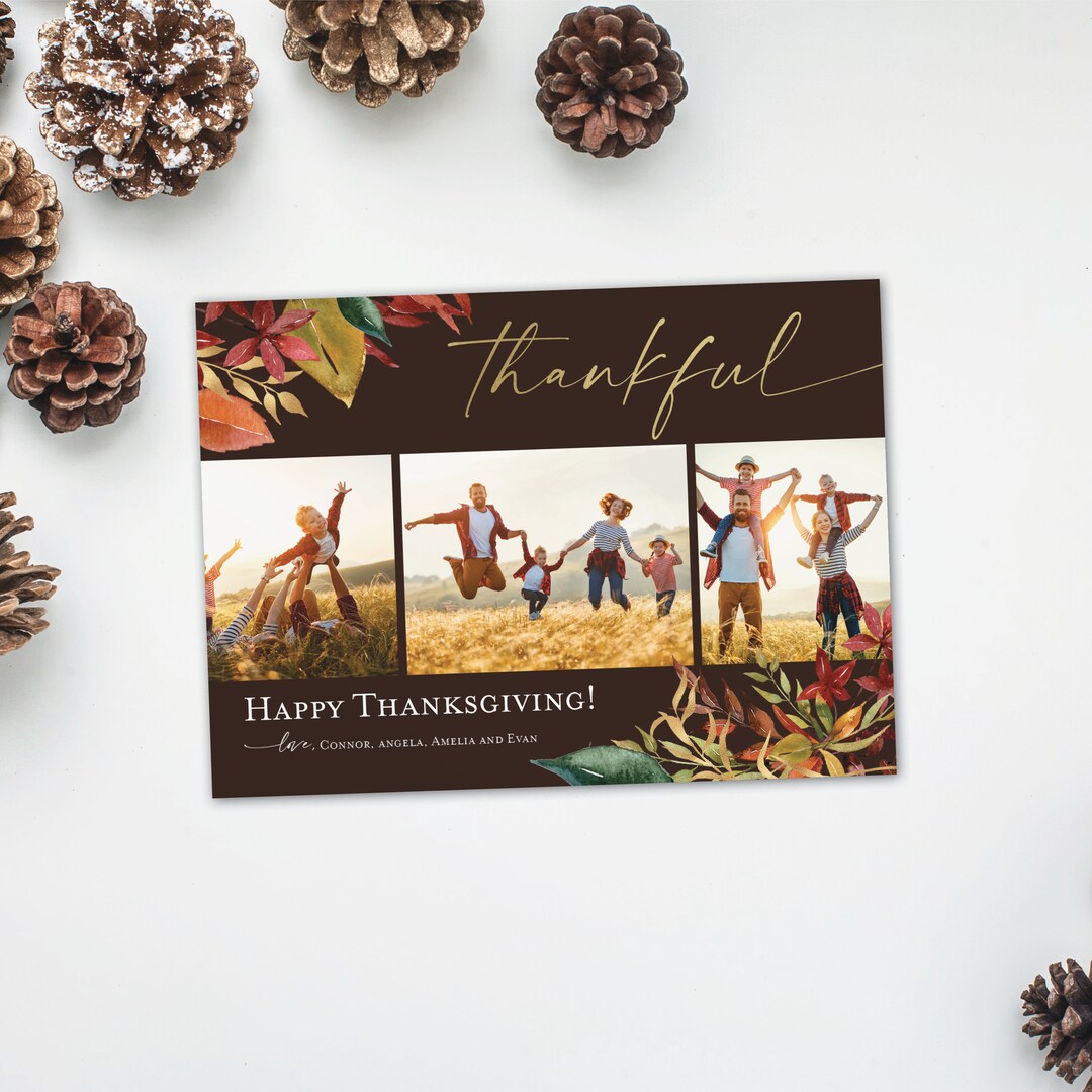 Modern Thanksgiving Photo Card - Fall Leaves in Jewel Tones - Gold Foil ...