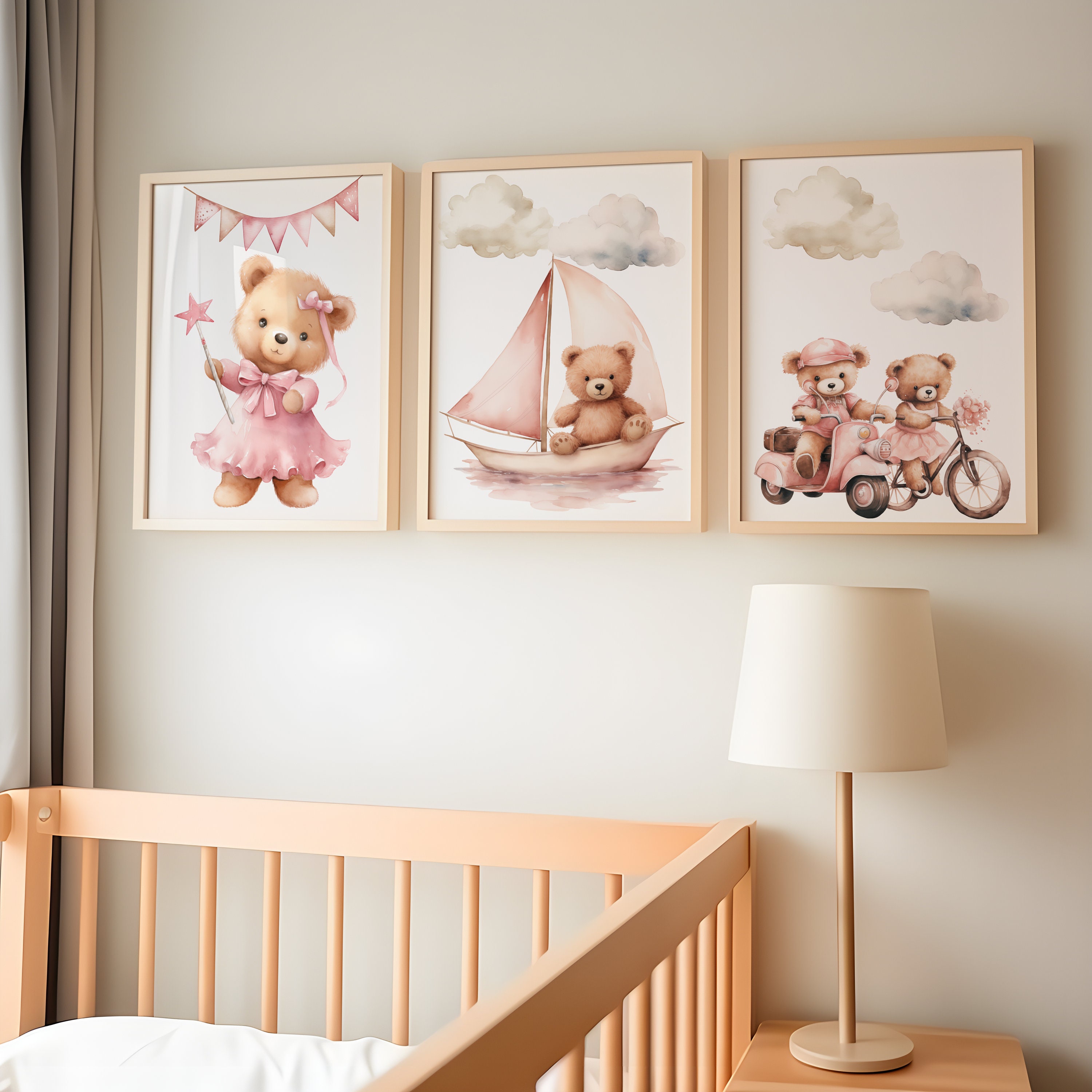 Pink Teddy Nursery Wall Art Poster Girl Teddy Bear Cute Teddy Bear Set ...